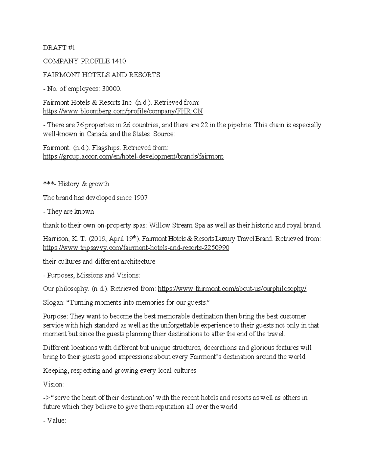 Company profile draft #1 - DRAFT COMPANY PROFILE 1410 FAIRMONT HOTELS ...