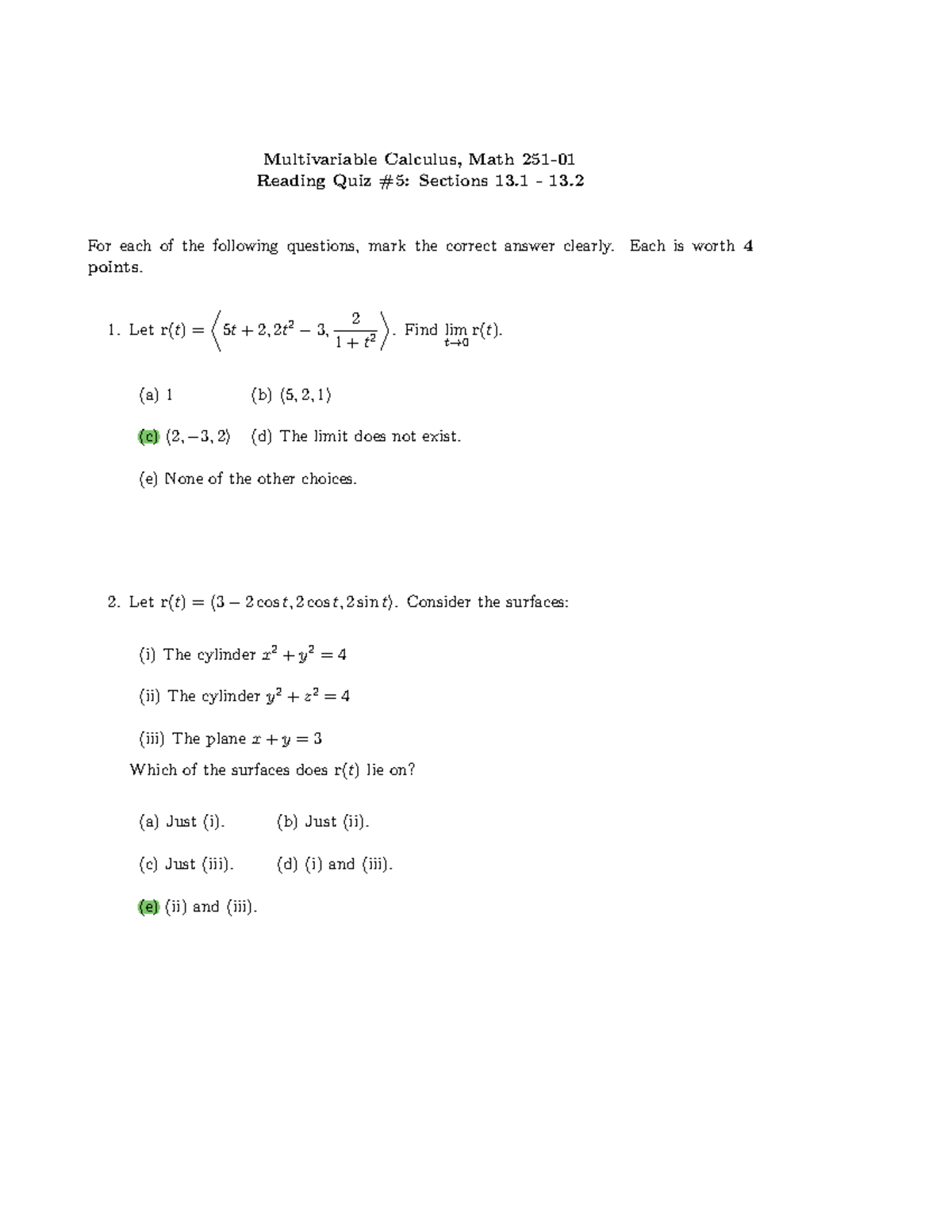 5. 13.1 - 13 - Reading Quiz Chapter 13.1 - 13.2 - Multivariable Calculus, Math 251- Reading Quiz ...