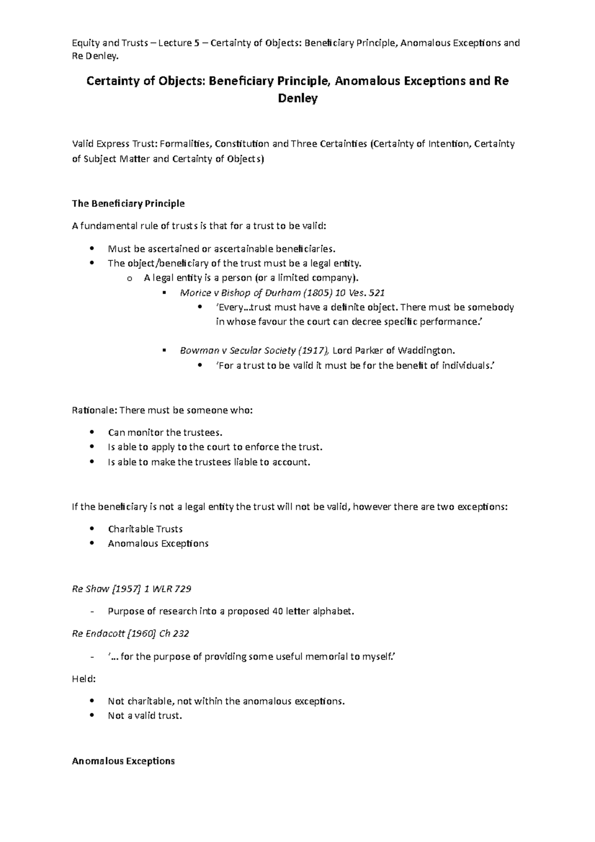 Lecture 5 - Certainty of Objects - BP, AE and Re Denley - Equity and Trusts – Lecture 5 ...