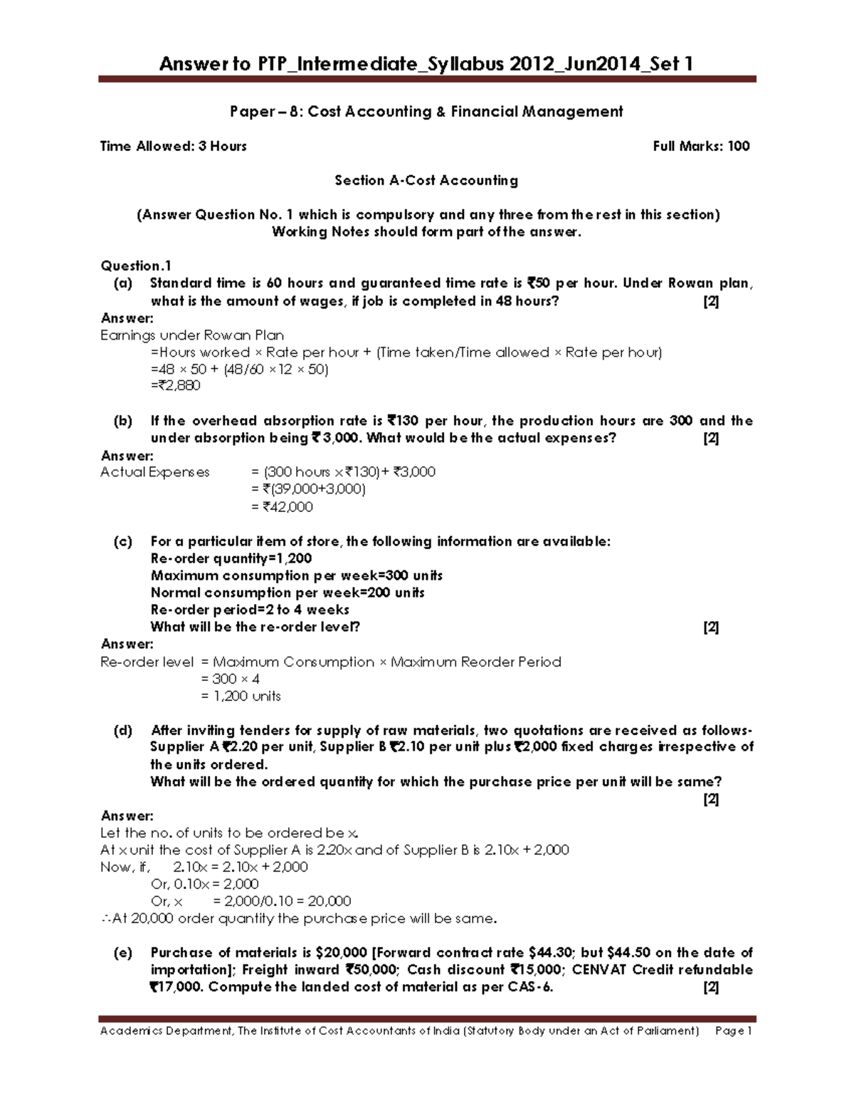 Solution 8 - Study - Paper 3 8: Cost Accounting & Financial Management ...