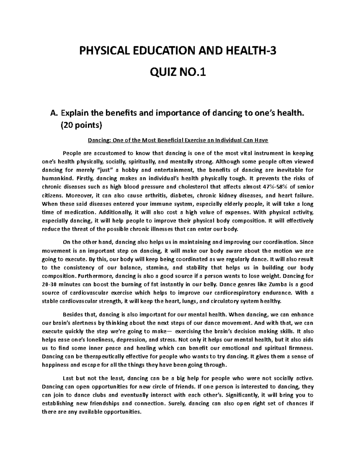 QUIZ 3 Physical Education AND Health - PHYSICAL EDUCATION AND HEALTH ...