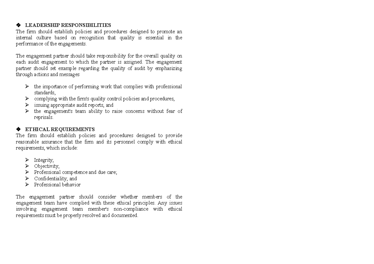 Quality Control System PSA - LEADERSHIP RESPONSIBILITIES The firm ...