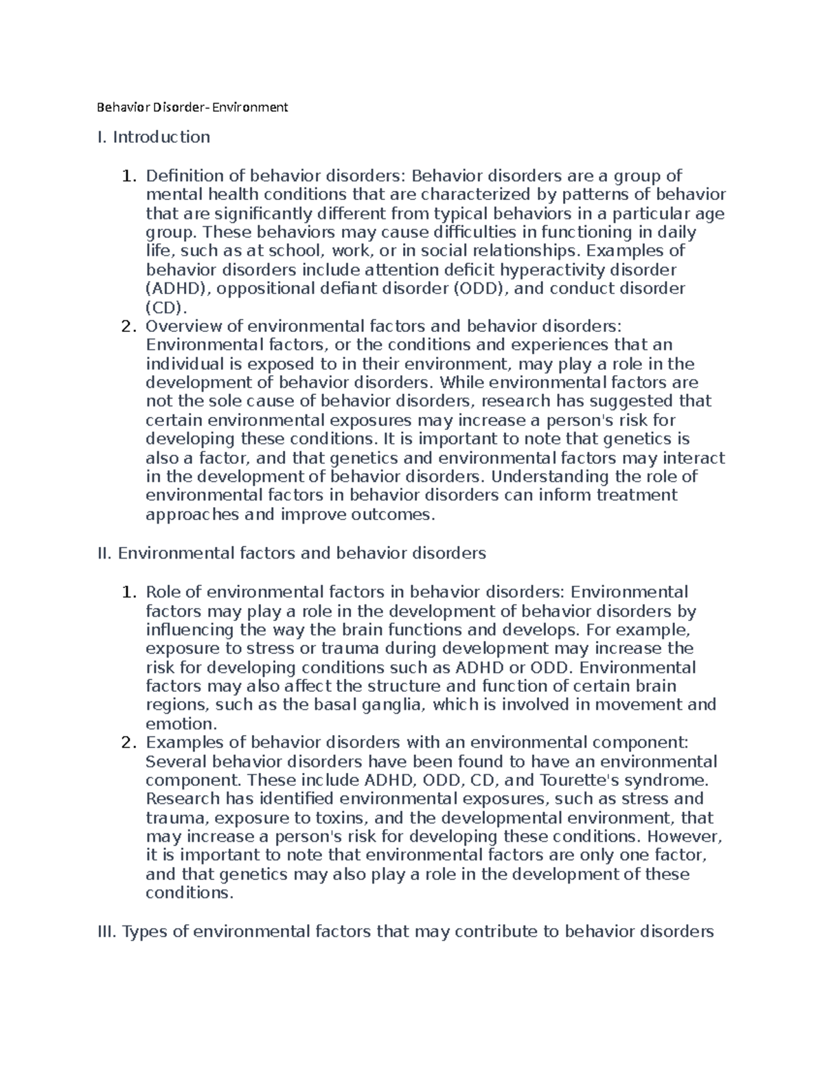 Behavior Disorder- Environment - Introduction Definition of behavior ...