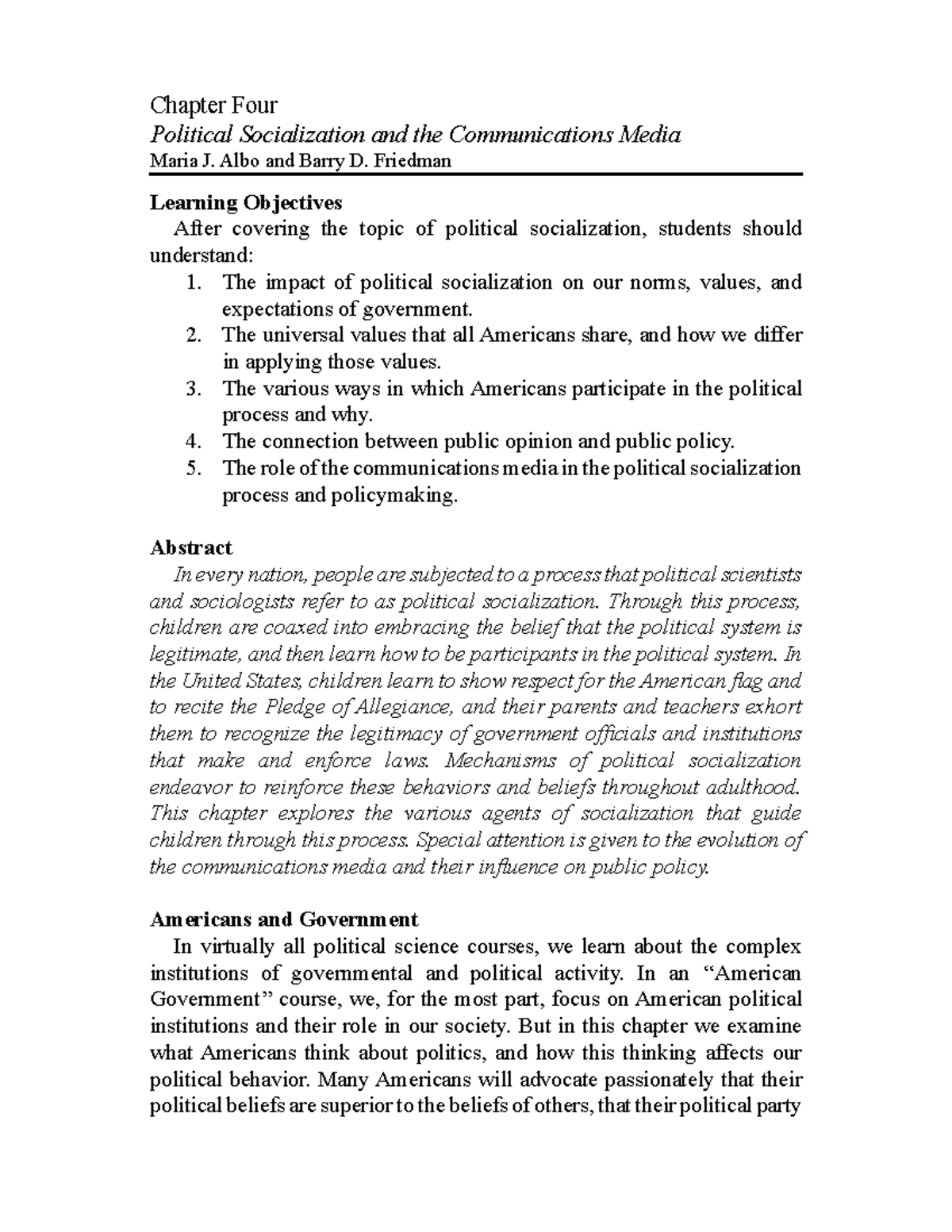Textbook Chapter 4 - Chapter Four Political Socialization and the ...