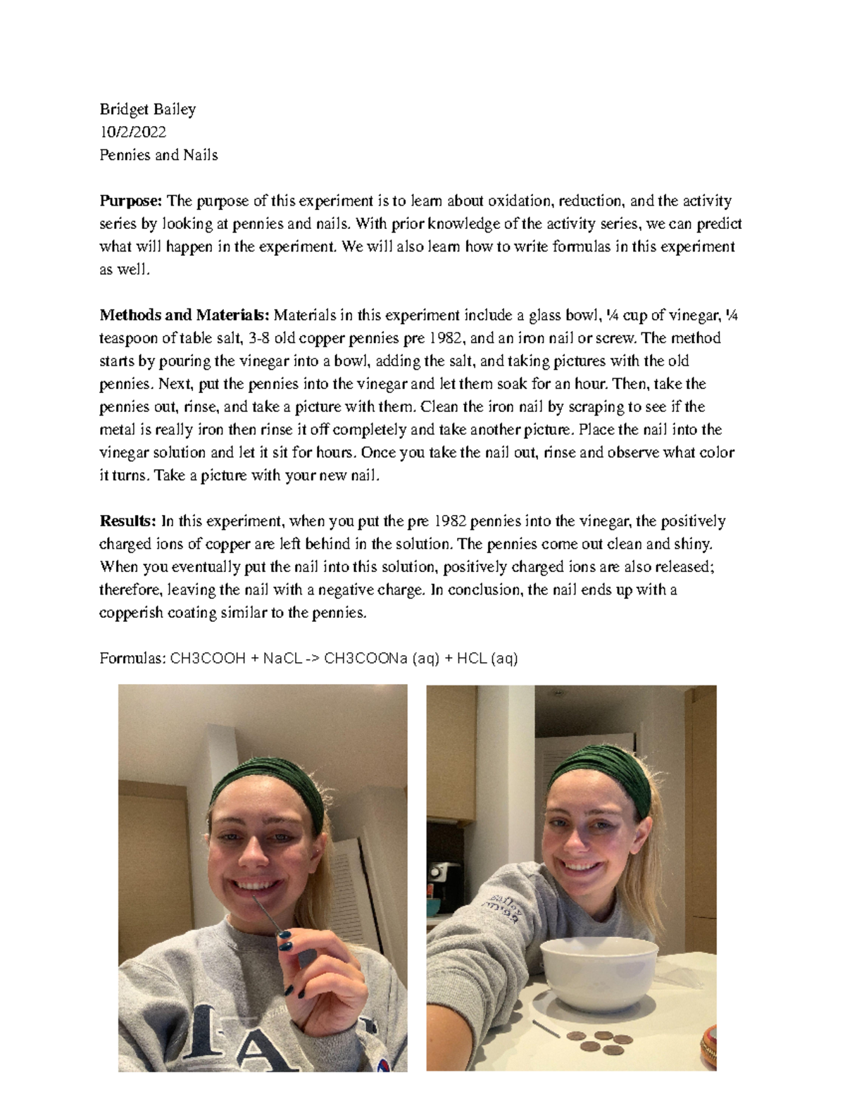 PH lab - Lab number 1 - Bridget Bailey 10/2/ Pennies and Nails Purpose ...