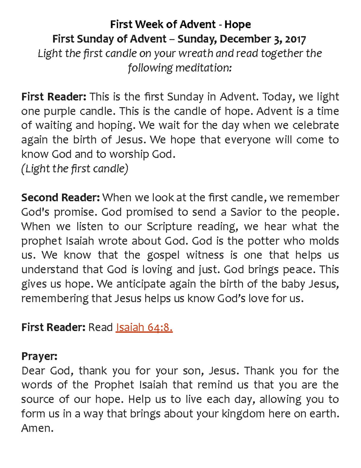 Advent Candle for Families - First Week of Advent - Hope First Sunday ...