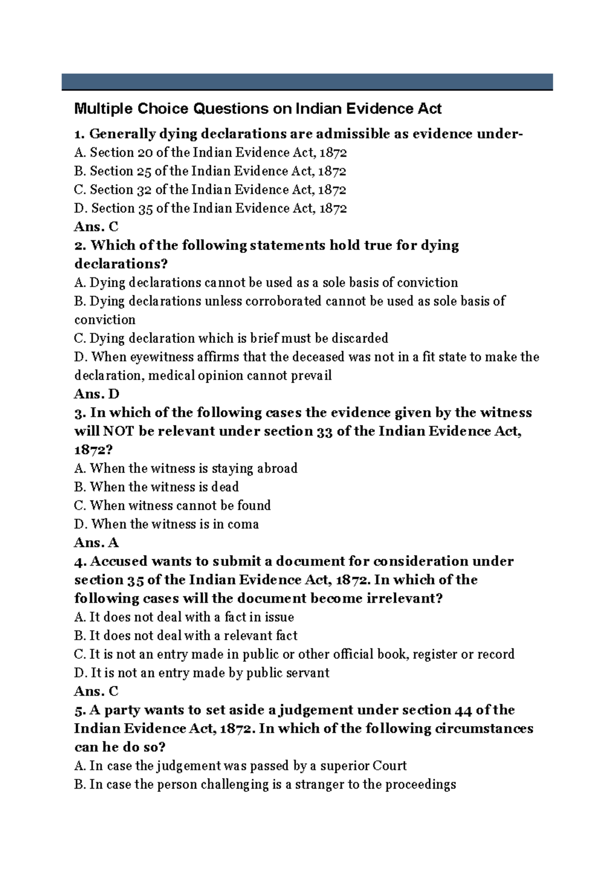 Indian Evidence Act MCQ - Multiple Choice Questions on Indian Evidence ...