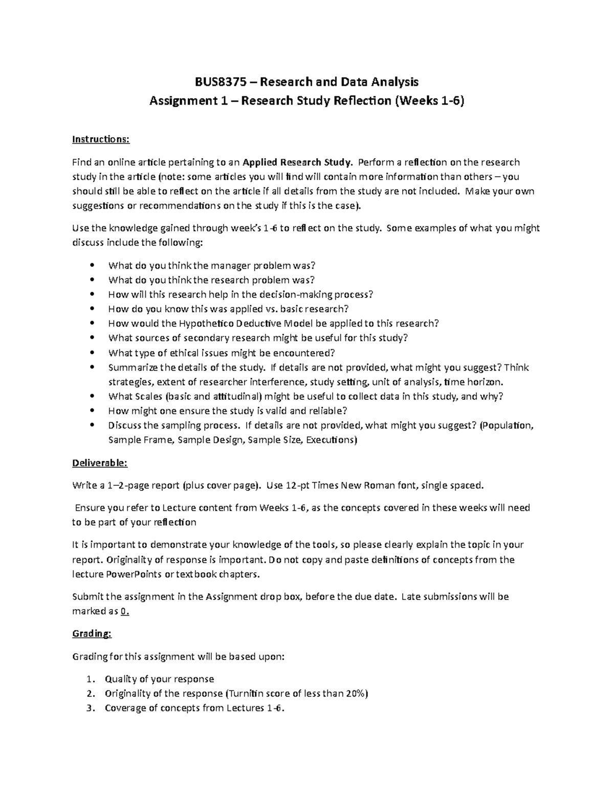BUS8375 - Assignment 1 Research Study Reflection - BUS8375 – Research and Data Analysis ...