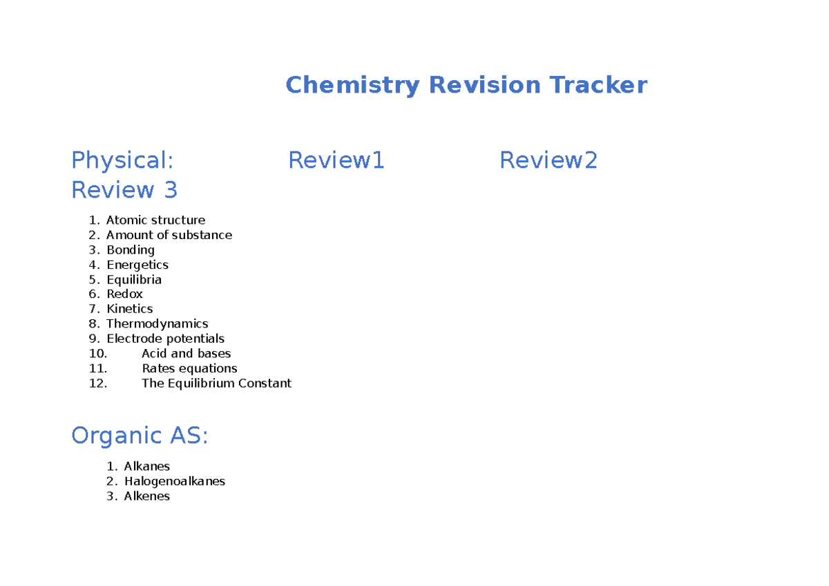 Chemistry Revision Tracker - Chemistry Revision Tracker Physical ...