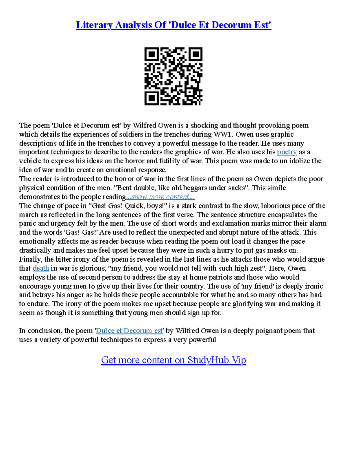 Wilfred Owen Dulce Et Decorum Est Essay - Literary Analysis Of 'Dulce ...