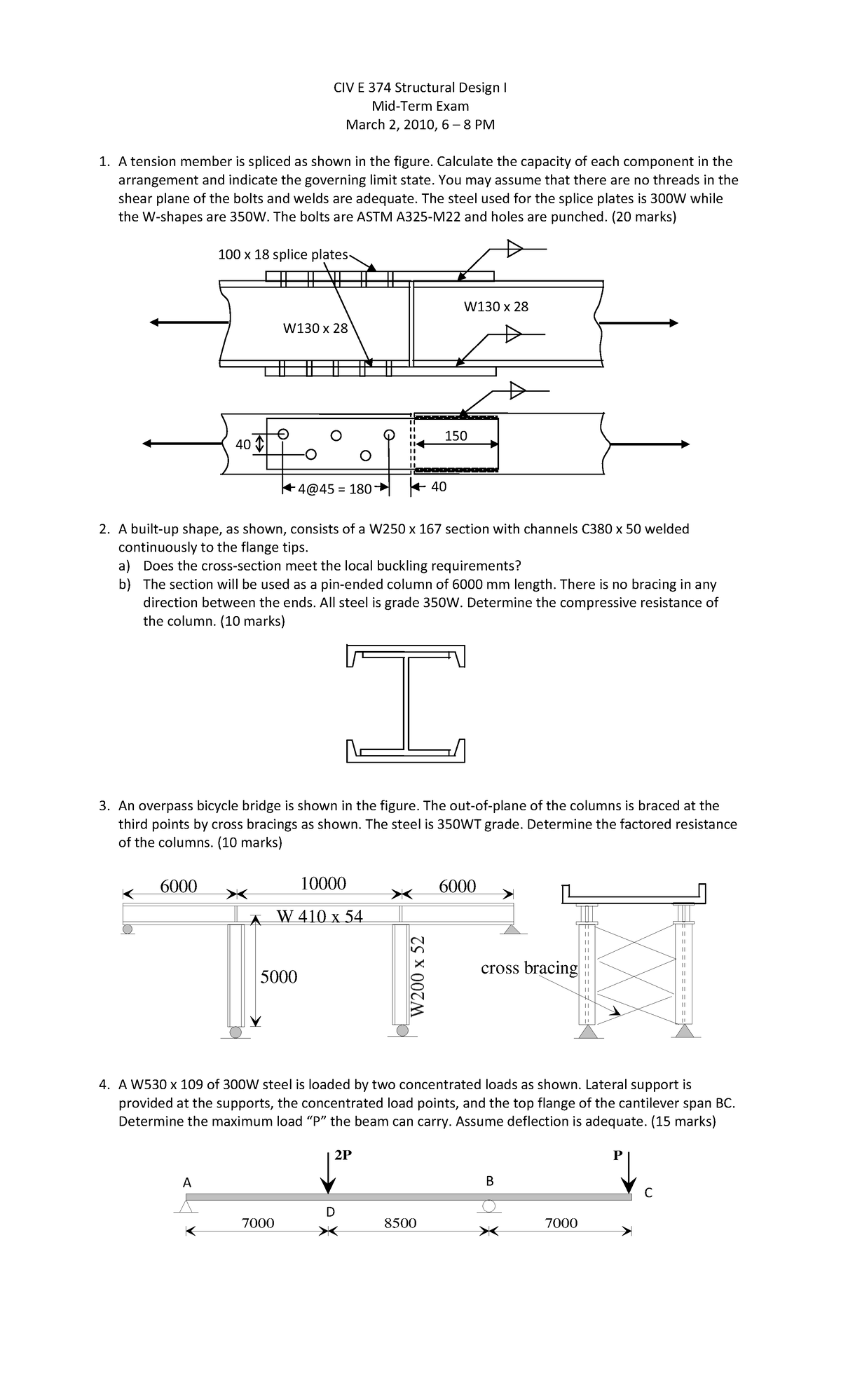 Midterm Exam 2 March 2010, Questions and answers - CIV E 374 Structural ...