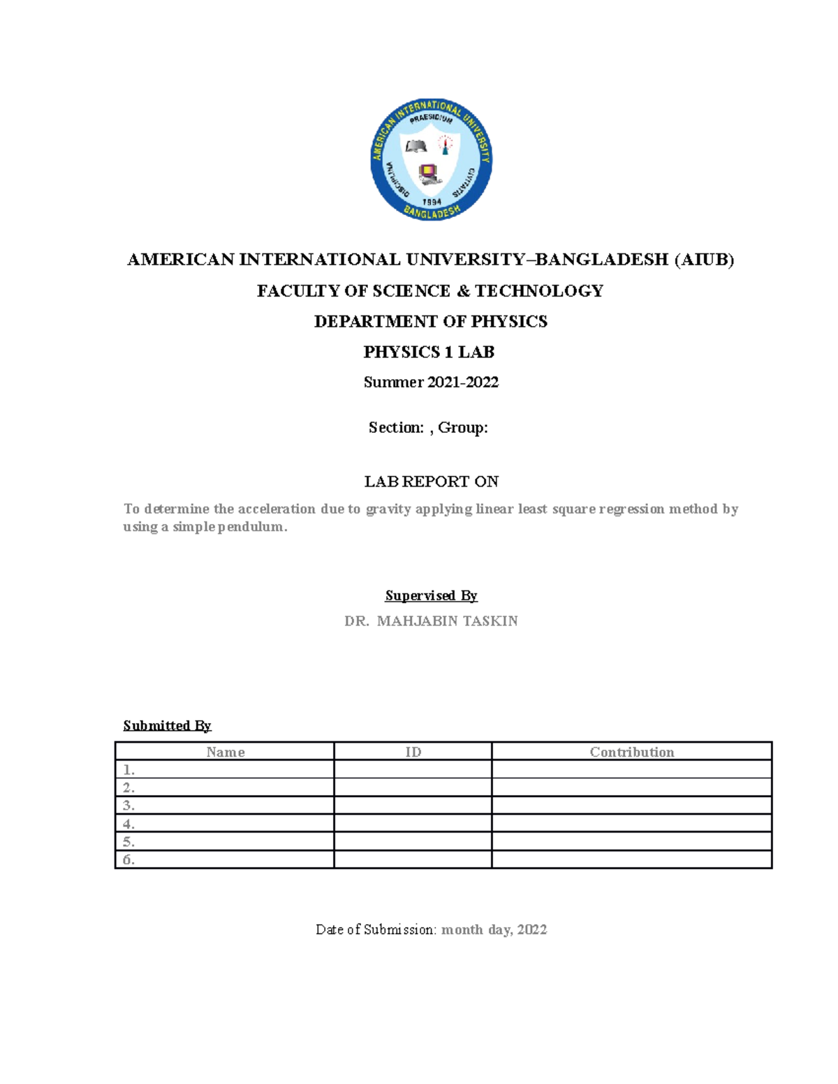 Template File Physics 1 Lab Report - AMERICAN INTERNATIONAL UNIVERSITY ...