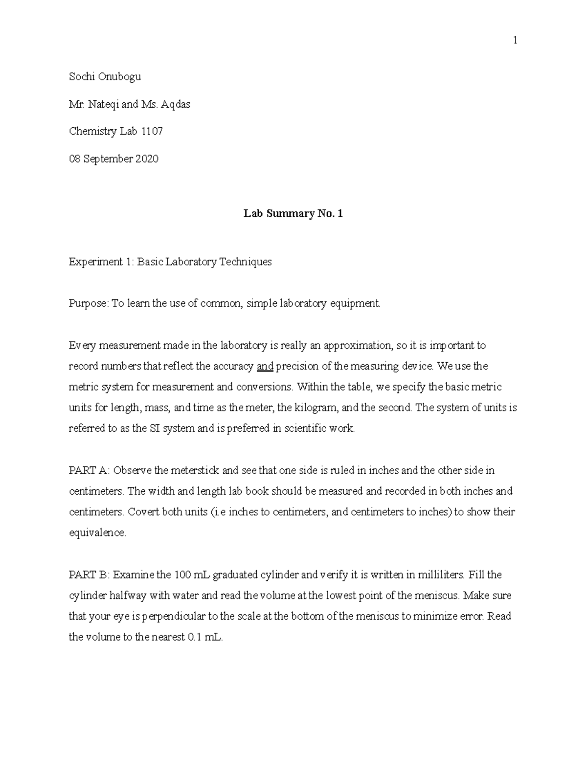 Lab Summary 1 - 1 Sochi Onubogu Mr. Nateqi and Ms. Aqdas Chemistry Lab 1107 08 September 2020 ...