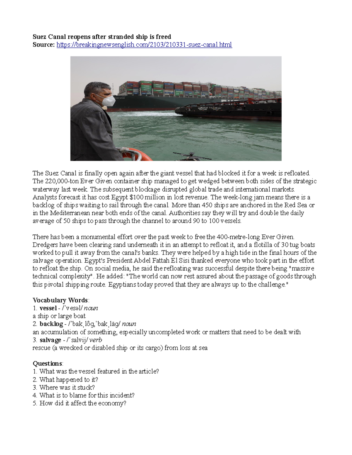 NEWS Lessons 2 for Structure of English - Suez Canal reopens after ...