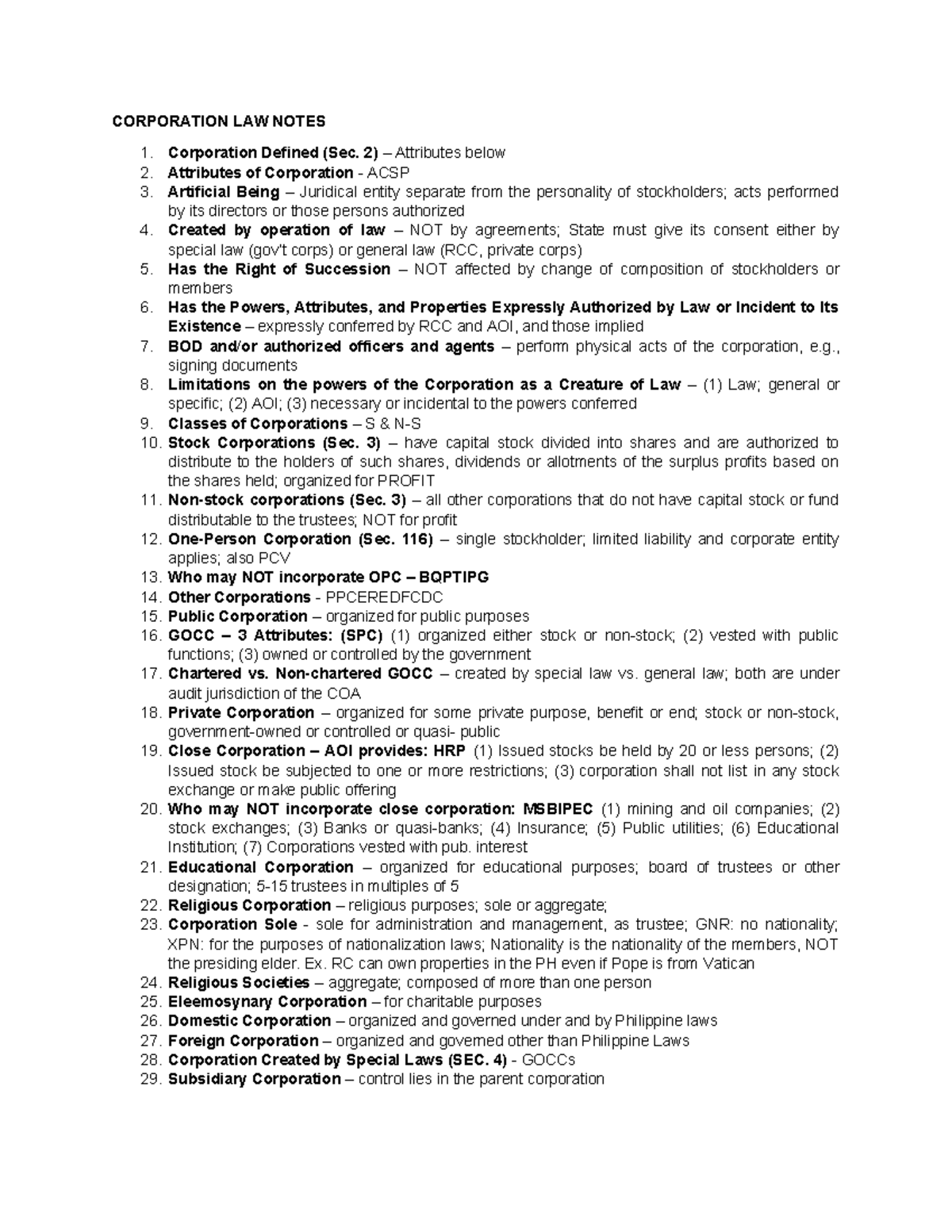 Corporation LAW Notes - CORPORATION LAW NOTES Corporation Defined (Sec ...