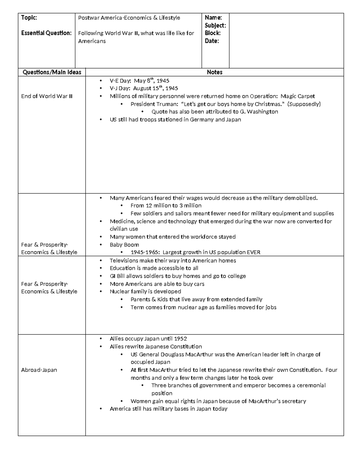 Cornell Notes Graphic Organizer - Topic: Essential Question: Postwar ...