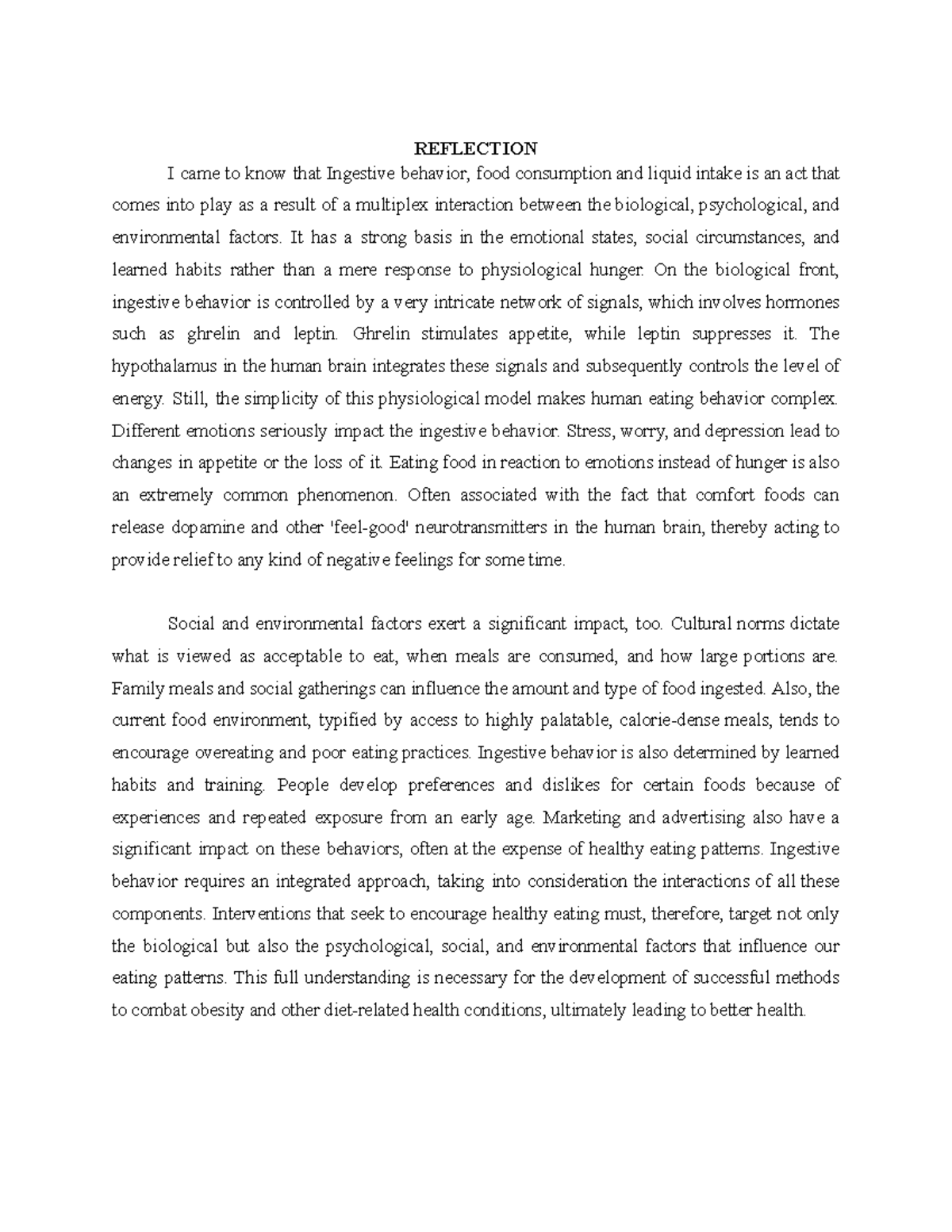 Reflection Ingestive Behavior - REFLECTION I came to know that ...