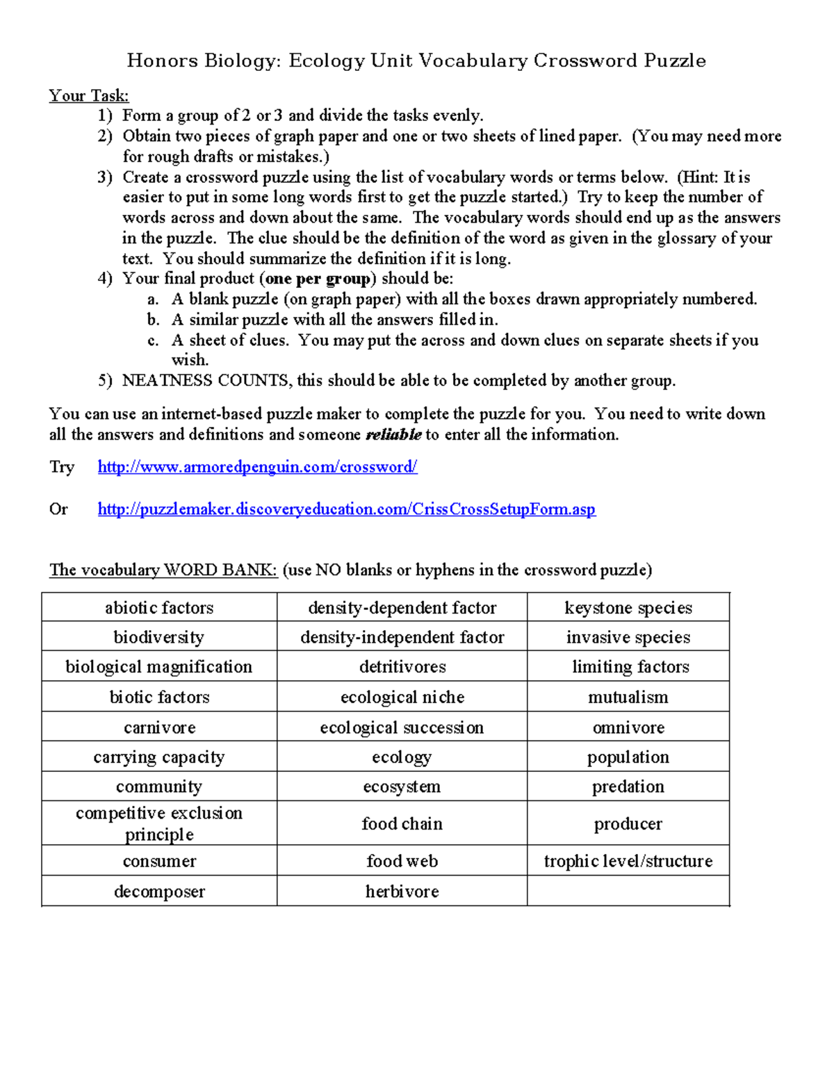 Xword Puzzle directions - Honors Biology: Ecology Unit Vocabulary ...