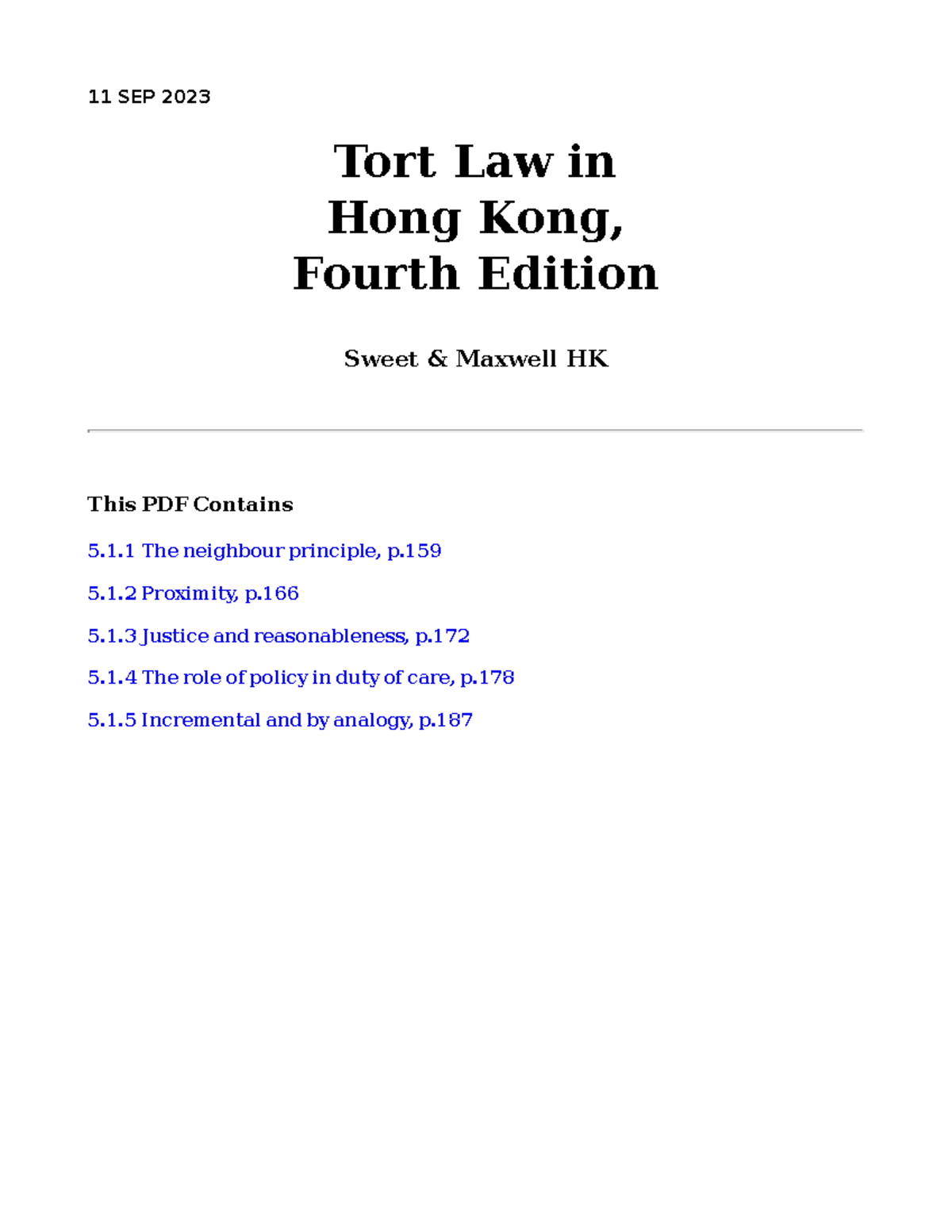 Chapter 5 - Text book - ####### 11 SEP 2023 Tort Law in Hong Kong, Fourth Edition Sweet & - Studocu