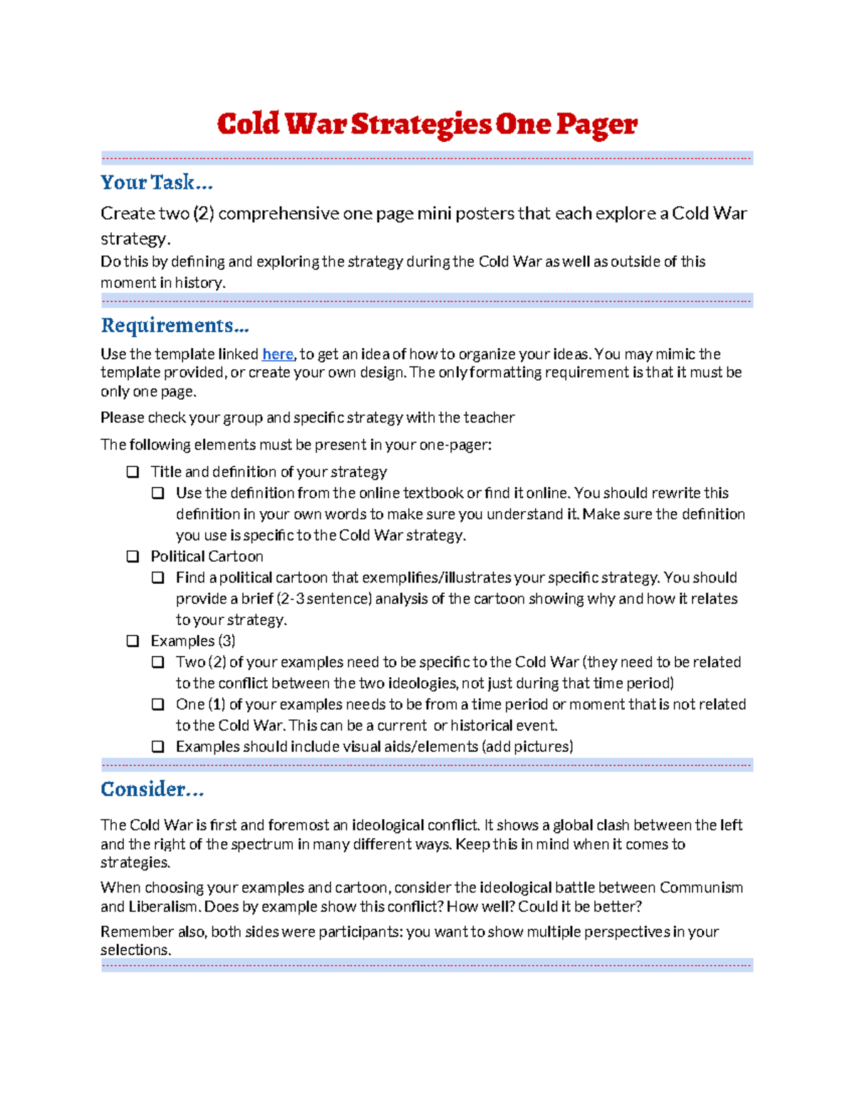 Cold War Strategies Assignment Sheet - Cold War Strategies One Pager ...