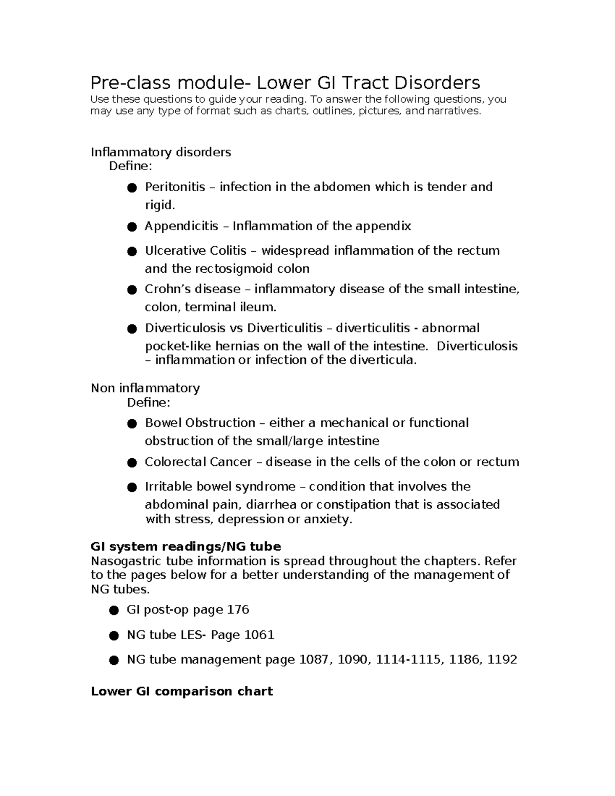 Preclass study guide GI Lower fall 22 - Pre-class module- Lower GI ...