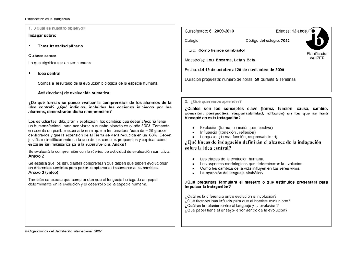 Planificador de la indagación IB - Español - Studocu