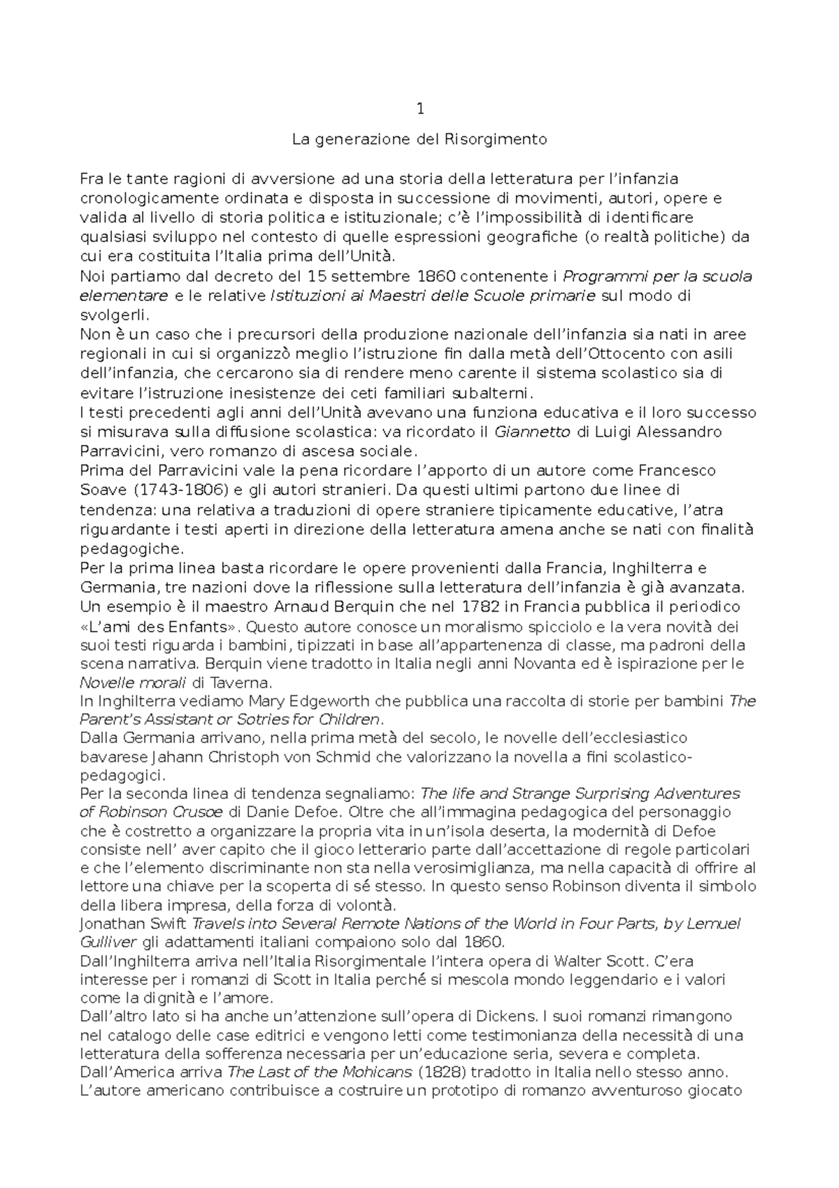 Letteratura per l'infanzia - 1 La generazione del Risorgimento Fra le tante ragioni di ...
