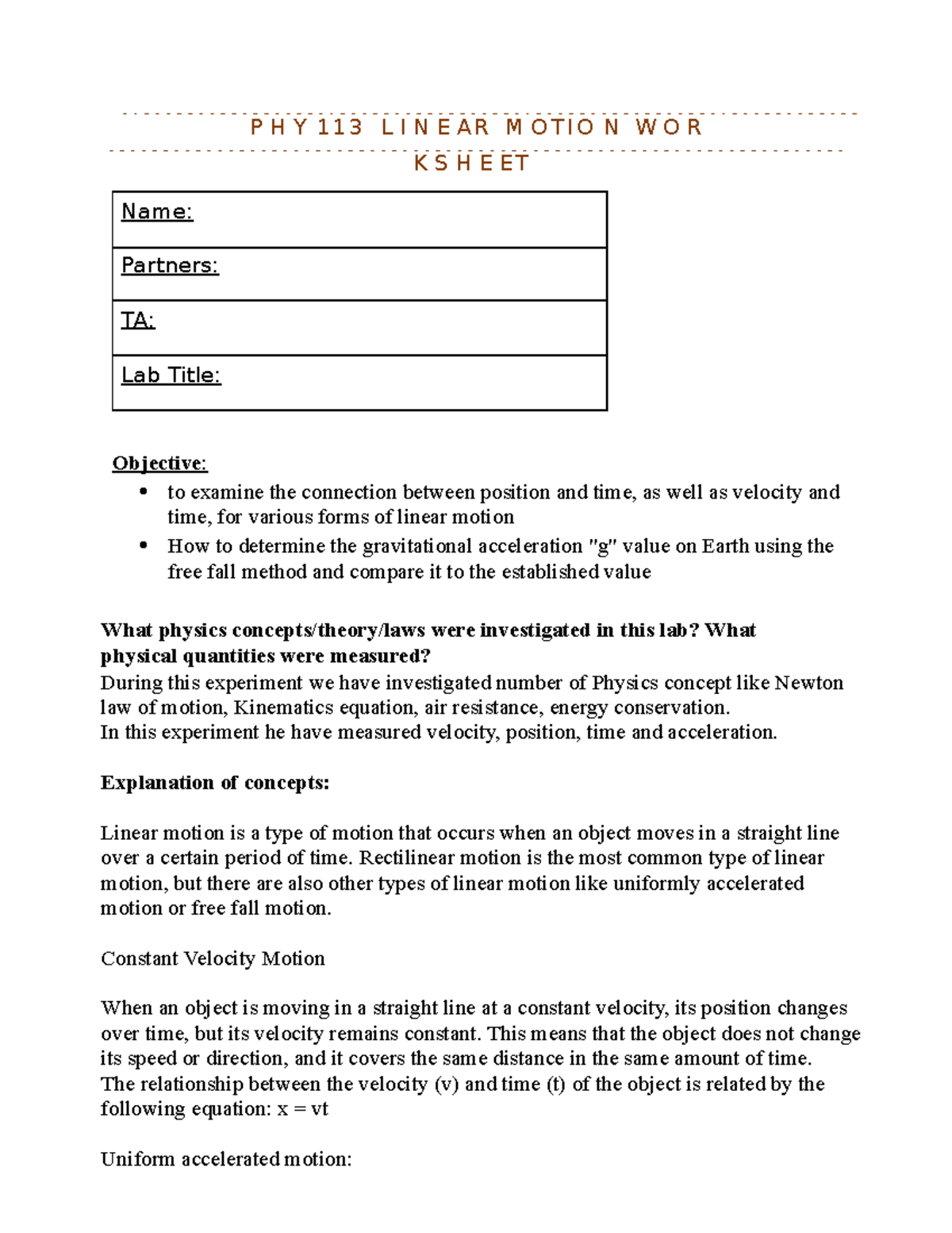 Lab 2 Worksheet Linear Motion - P H Y 1 1 3 L I N E AR M O T I O N W O ...