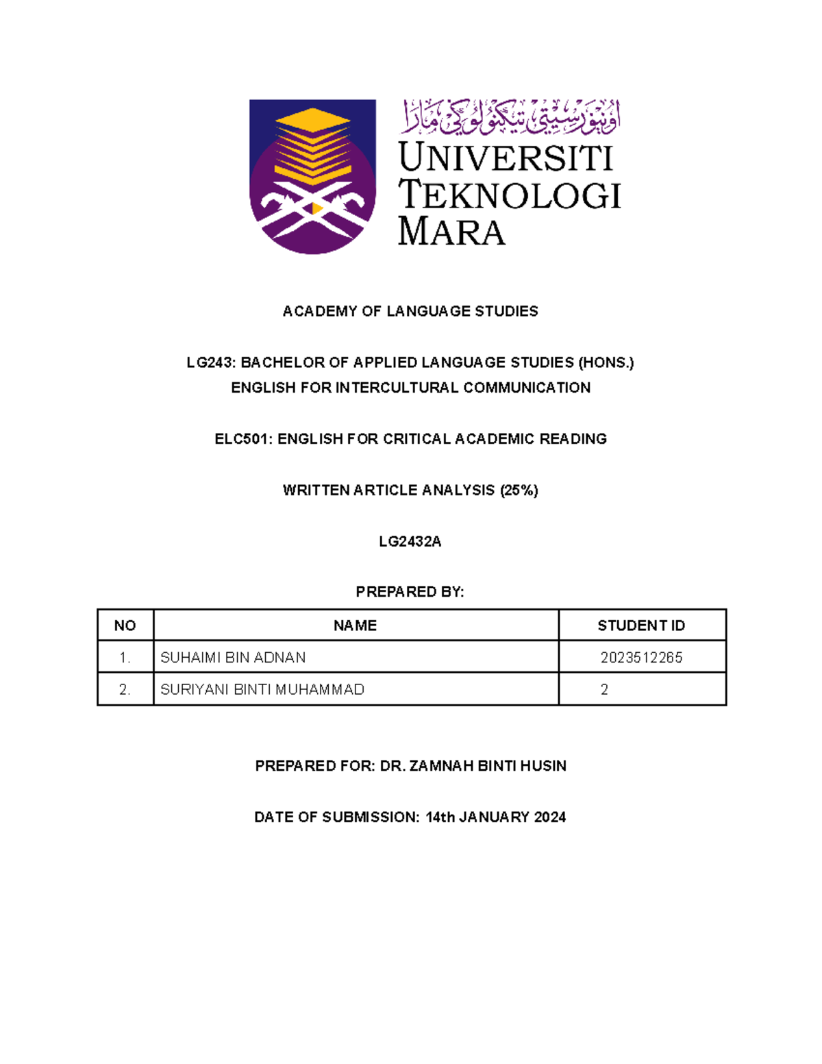 ELC501 Written Article Analysis - ACADEMY OF LANGUAGE STUDIES LG243 ...