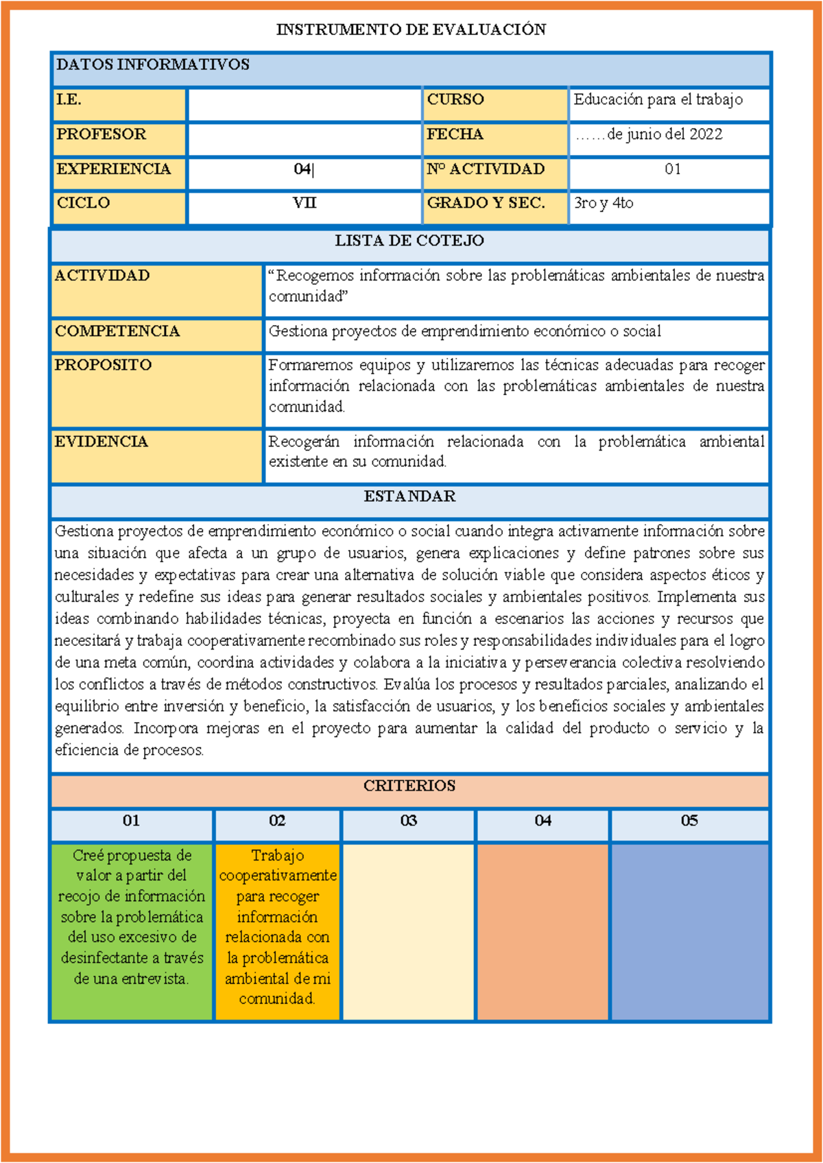(3Y4) 4 Instrumento DE EVAL. DE EPT - INSTRUMENTO DE EVALUACIÓN DATOS INFORMATIVOS I. CURSO ...