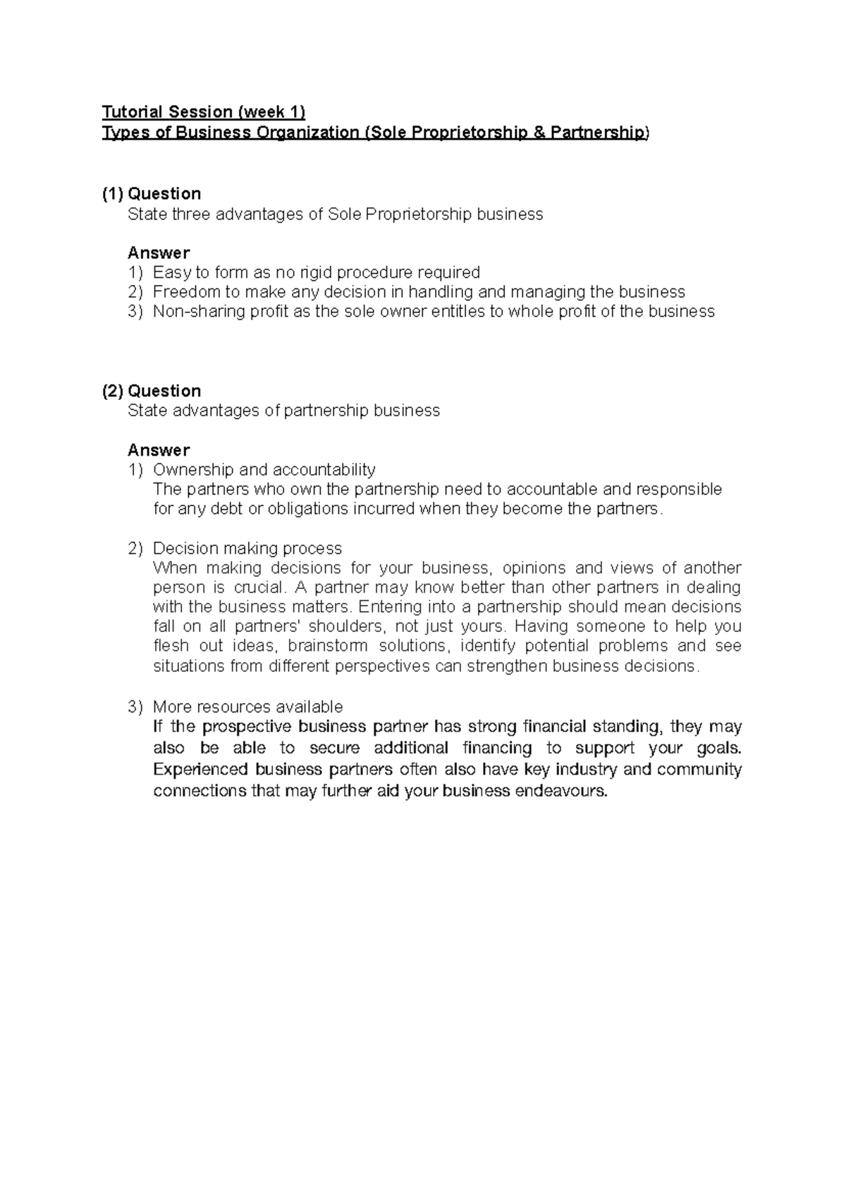 Tutorial Session Week 1 CL Sole Proprietorship Partnership docx - Tutorial Session (week 1 ...