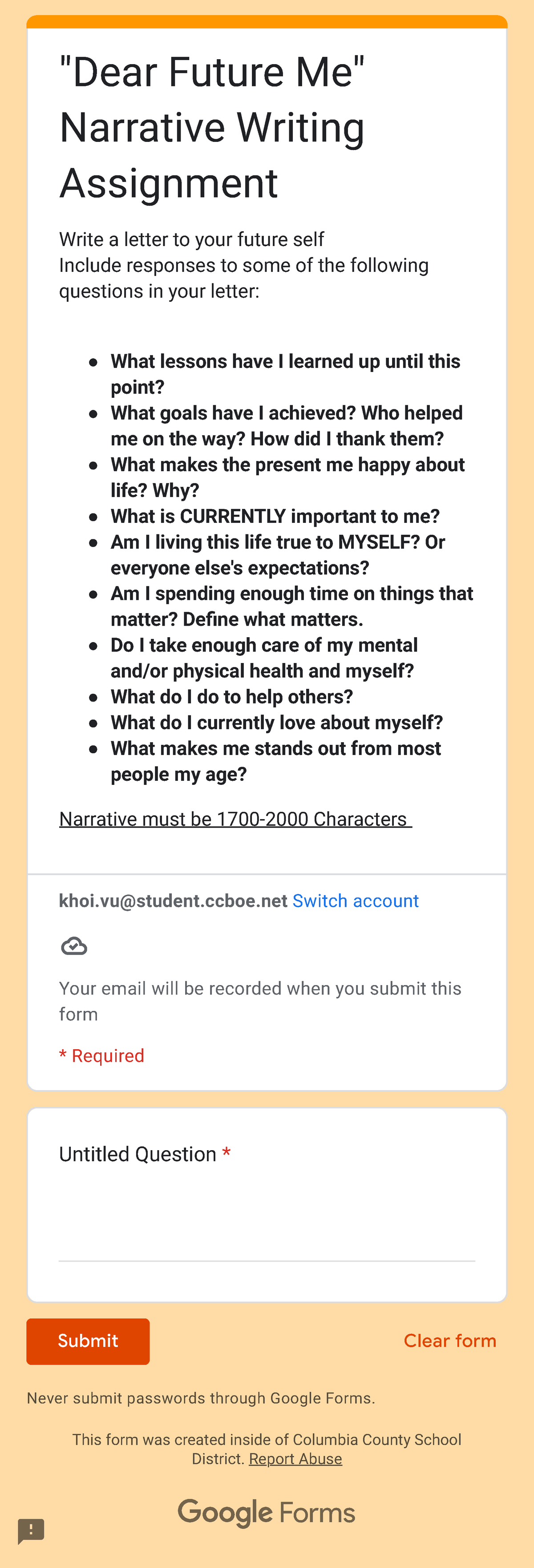 Dear Future Me Narrative Writing Assignment - Never submit passwords ...