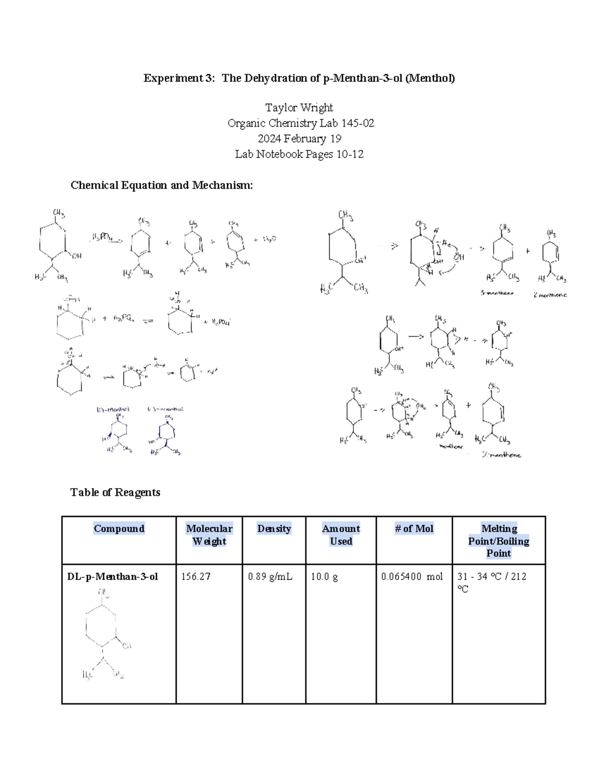 Experiment 3 The Dehydration of p-Menthan-3-ol (Menthol) - After adding ...