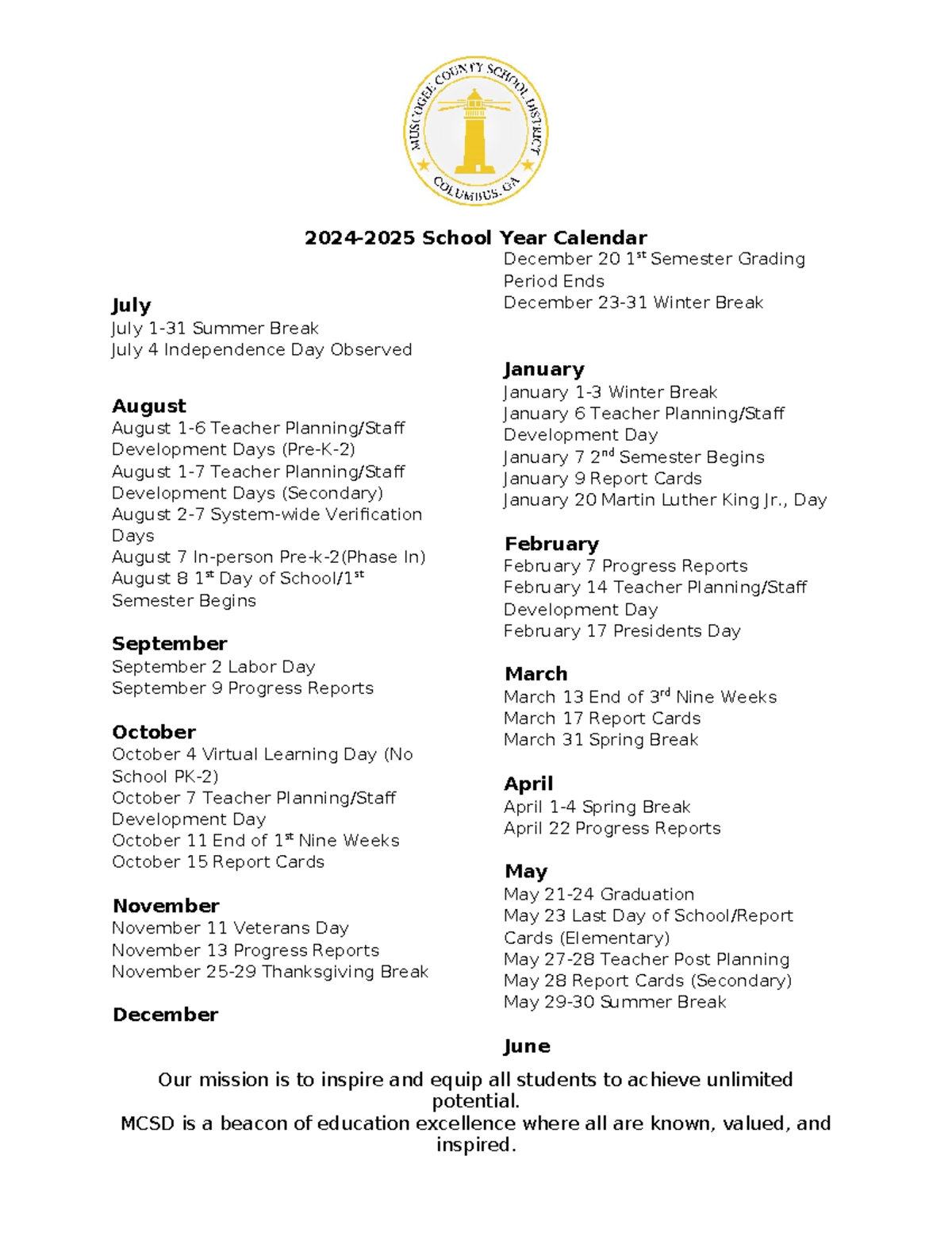 2024-2025Calender Description - 2024-2025 School Year Calendar July ...