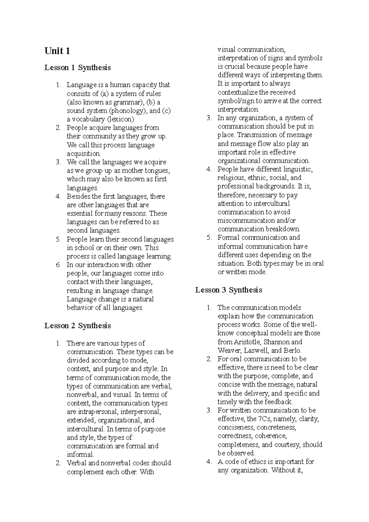 Units 1 3 Synthesis - Unit 1 Lesson 1 Synthesis Language is a human ...