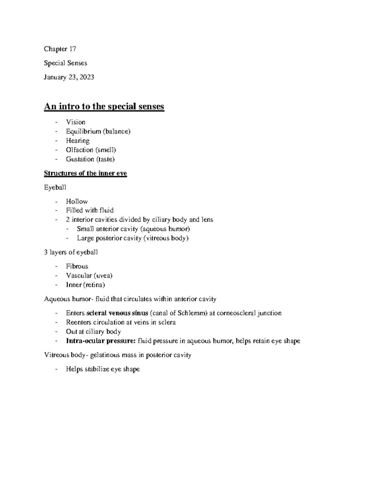BIO222 chap 17 - special senses - Chapter 17 Special Senses January 23 ...