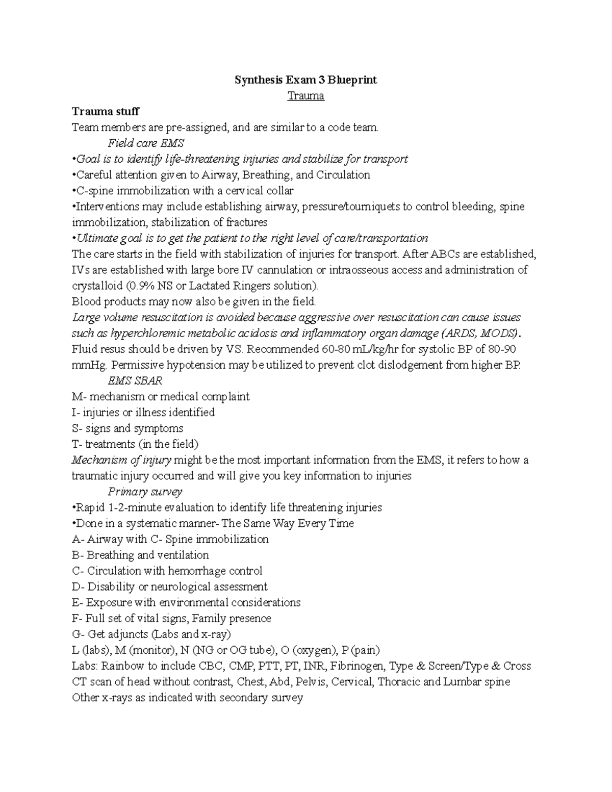 Synthesis exam 3 Blueprint - Synthesis Exam 3 Blueprint Trauma Trauma ...