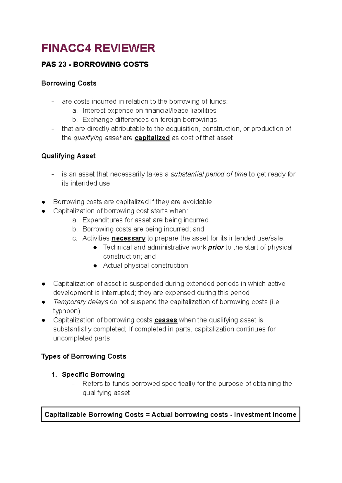 Finacc 4 Reviewer - FINACC4 REVIEWER PAS 23 - BORROWING COSTS Borrowing Costs - are costs ...