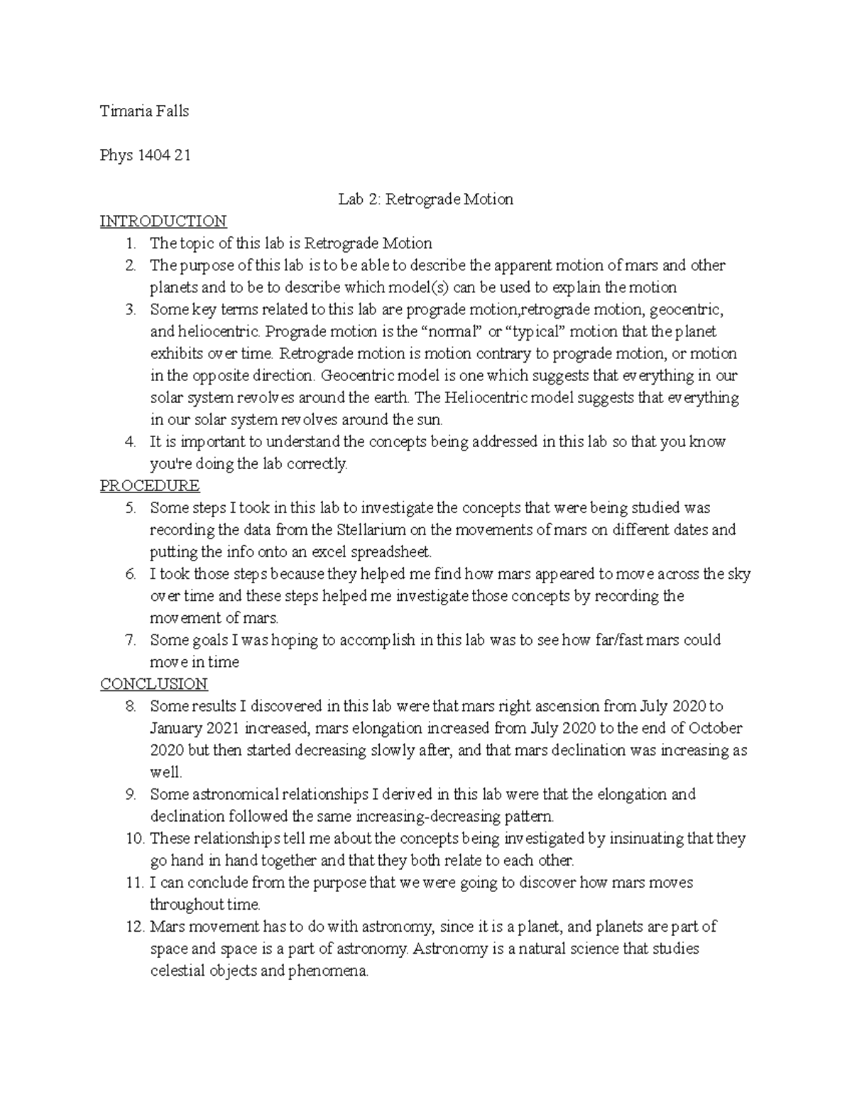 Physics Lab 2 Report DUE 2 2@11 59 - Timaria Falls Phys 1404 21 Lab 2 ...