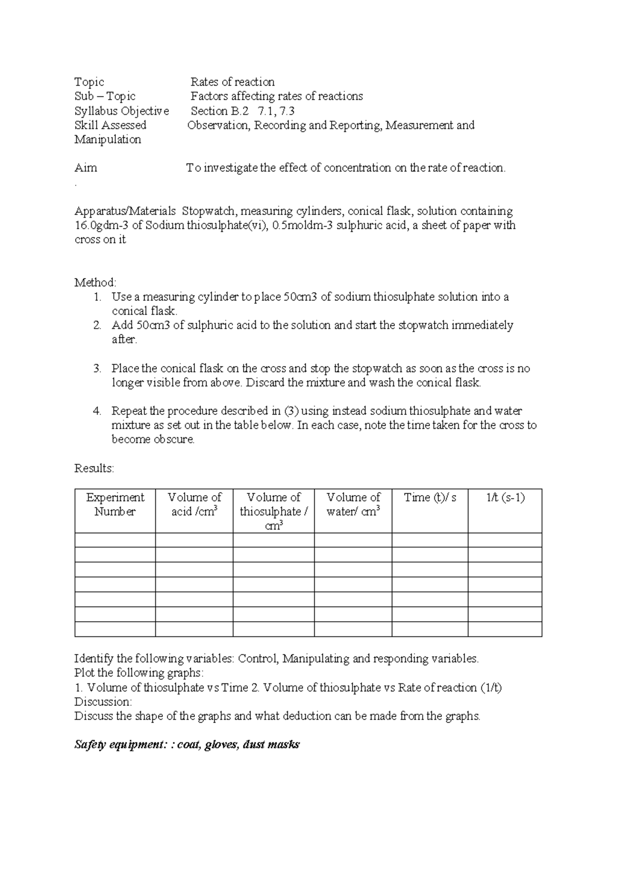Rates of reaction lab - Topic Rates of reaction Sub – Topic Factors ...