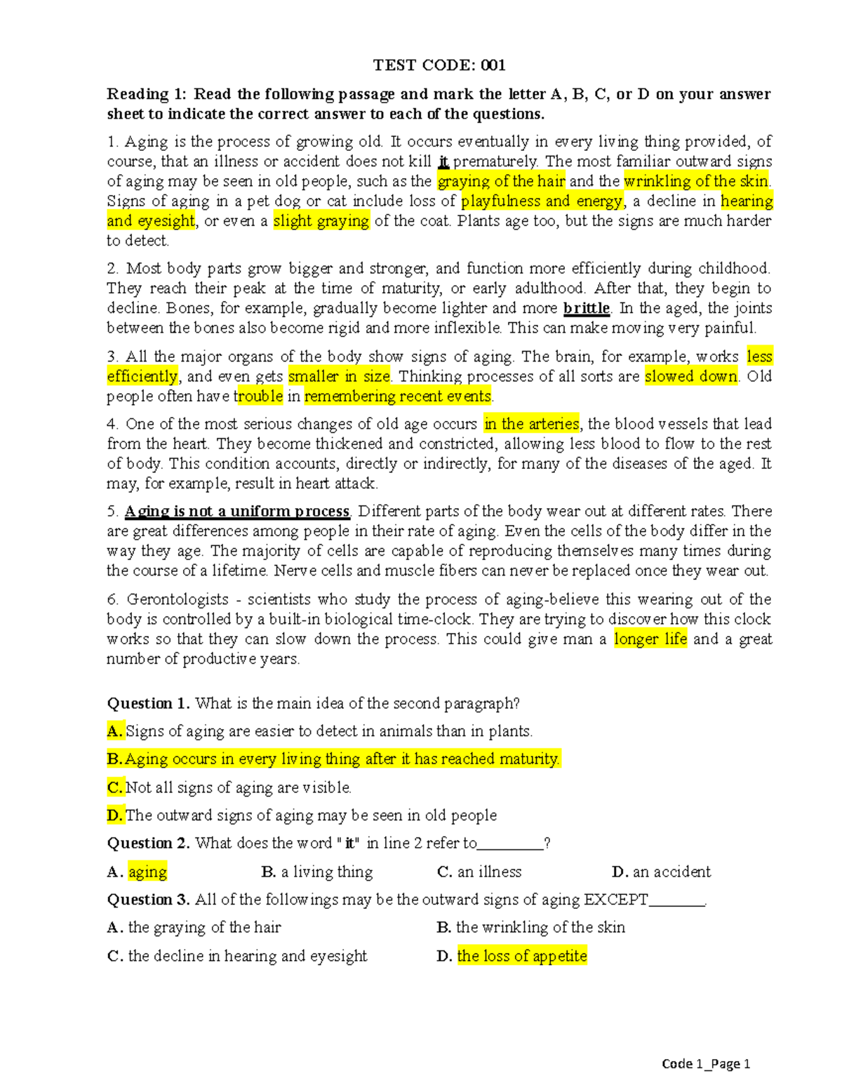 Answer Code 1 Final TEST Reading B1 - TEST CODE: 001 Reading 1: Read ...