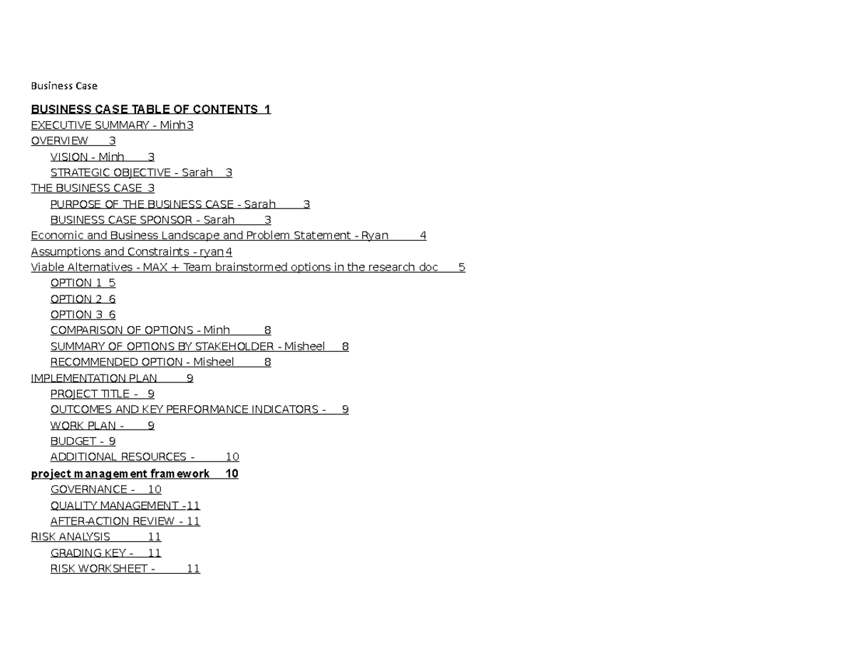 Business Case - Assignment 1A - Business Case BUSINESS CASE TABLE OF ...