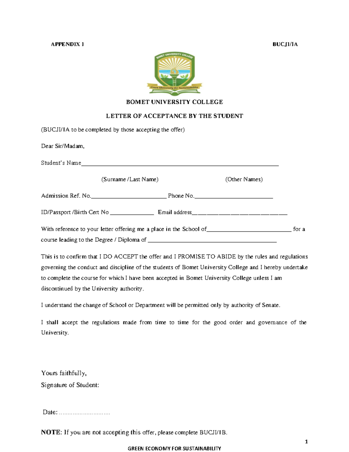 Bucji Forms 1-2-3 - None - 1 APPENDIX I BUCJI/1A BOMET UNIVERSITY ...