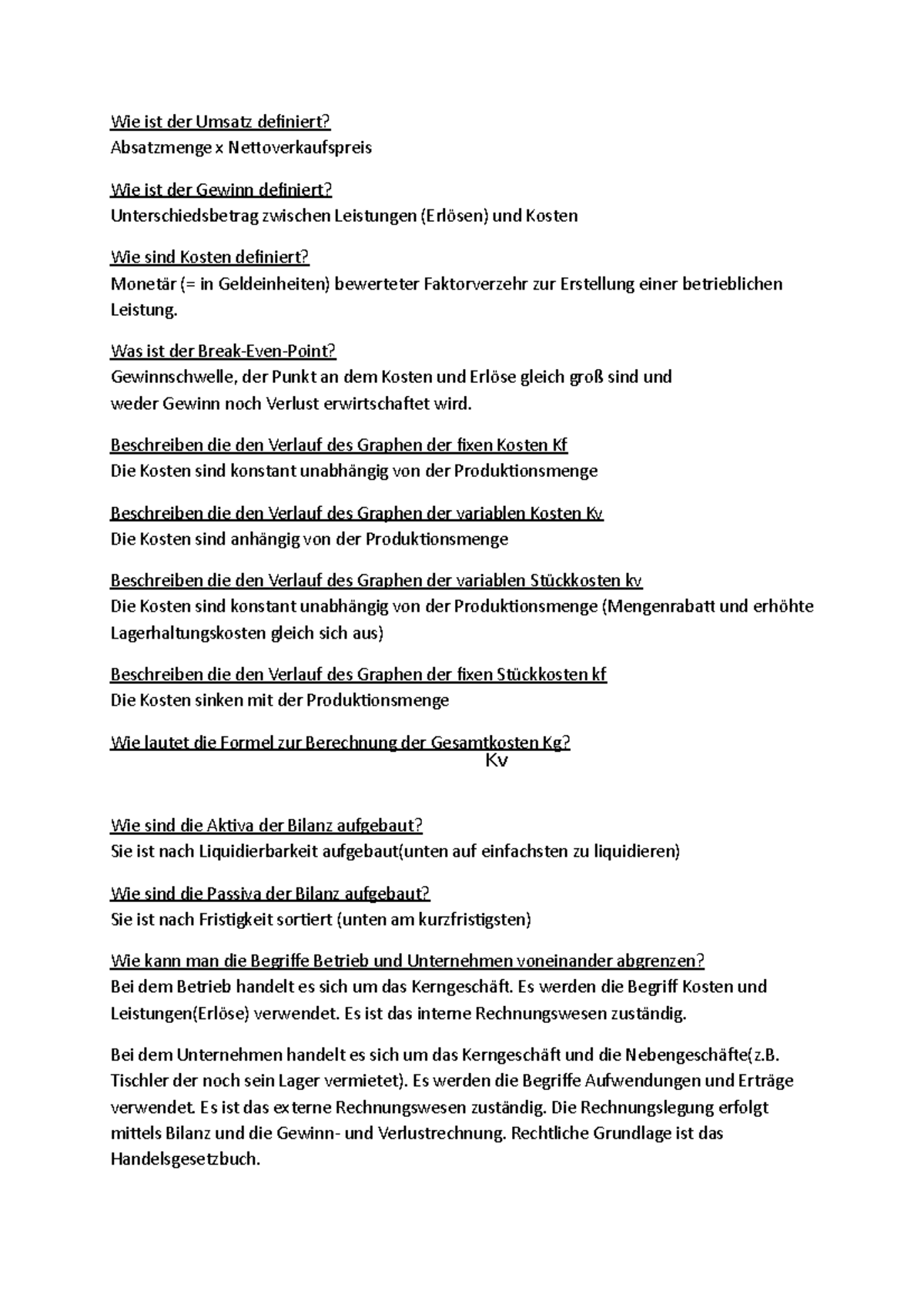 Zusammenfassung - Wie ist der Umsatz definiert? Absatzmenge x ...