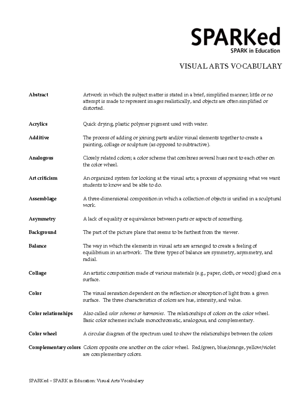 VISUAL ART VOCAB - VISUAL ARTS VOCABULARY !"#$%&'$( - Studocu