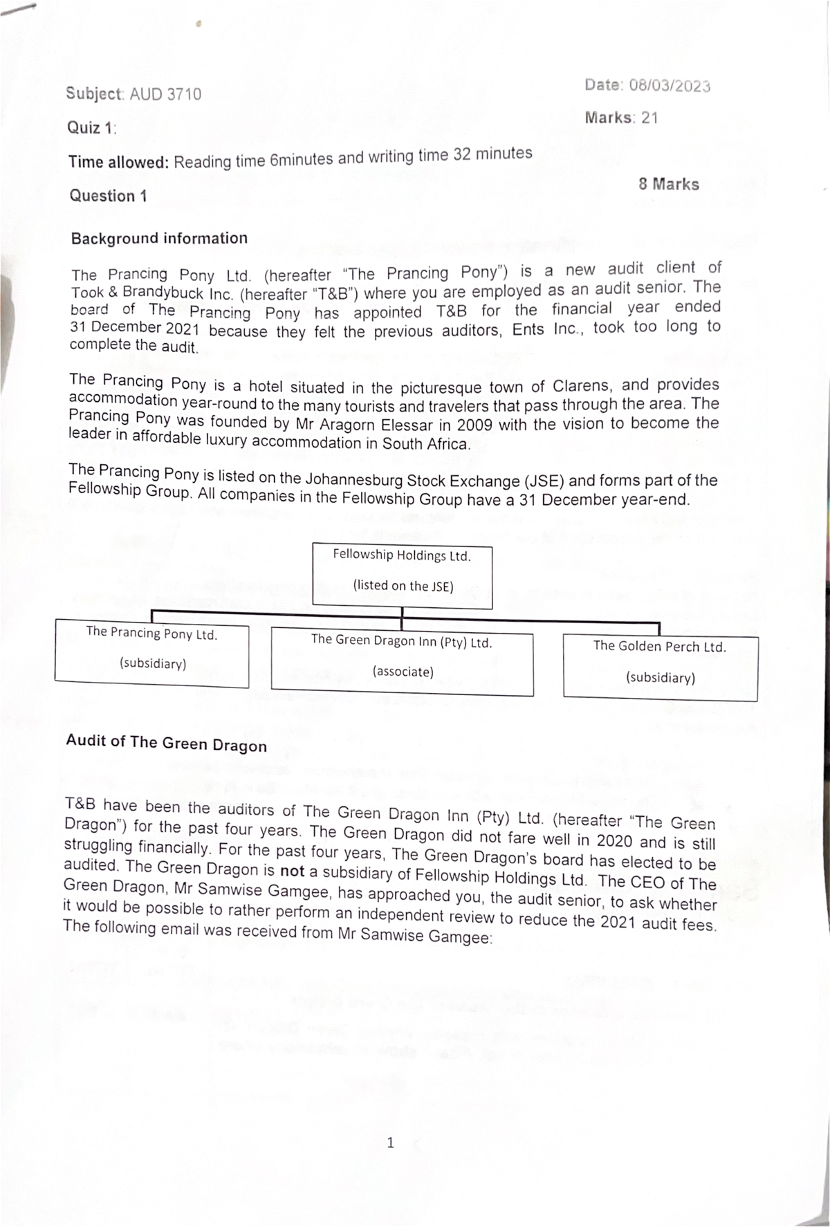 Aud Quiz 1 2023 - company act questions - Auditing - Studocu