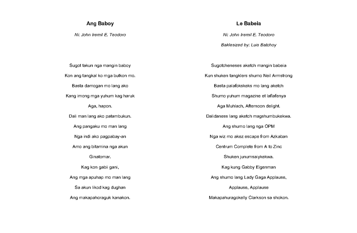 Ang-Baboy - a poem - Ang Baboy Ni: John Iremil E. Teodoro Sugot takun nga mangin baboy Kon ang ...