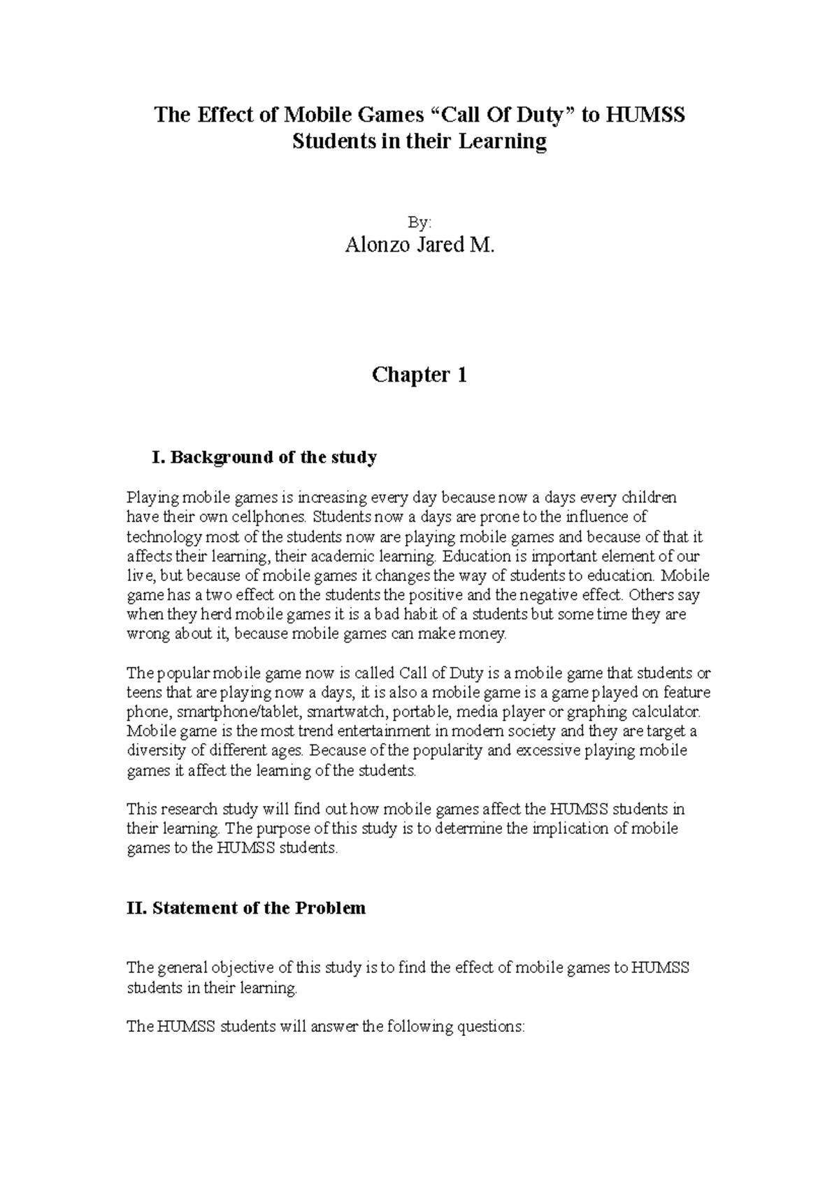 The Effect of Mobile Games - Chapter 1 I. Background of the study ...