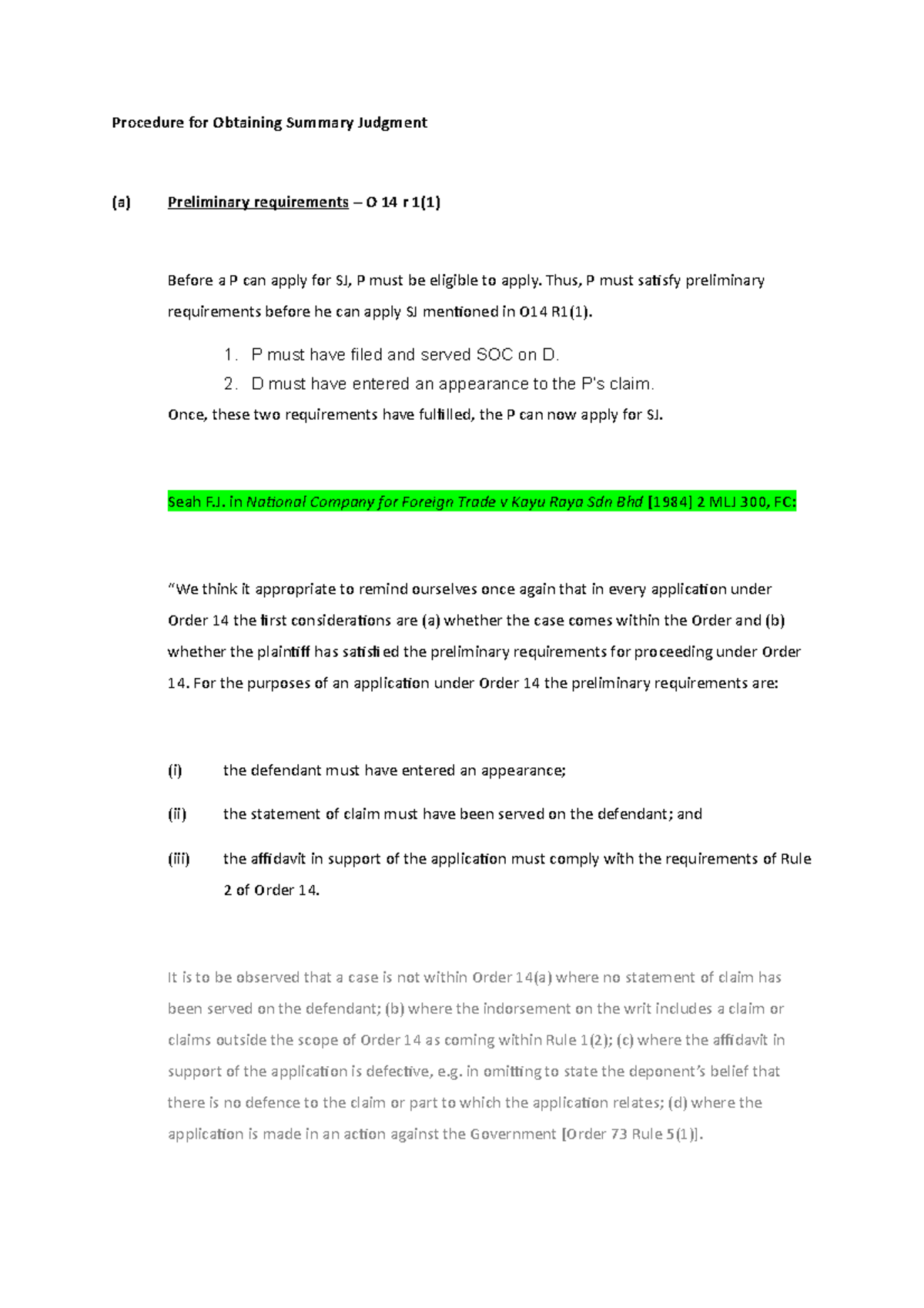 Procedure for Summary judgment - Procedure for Obtaining Summary ...