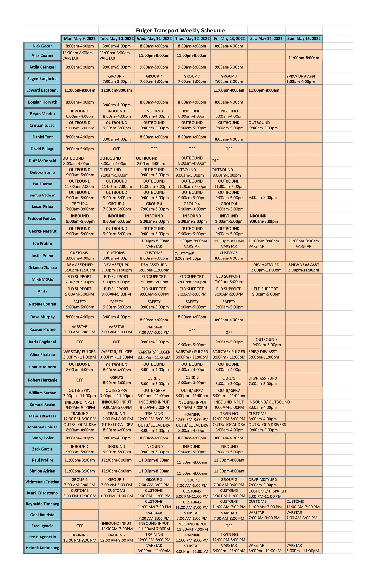 Fulger Transport Schedule May 9- May 15 - Sheet 1 - Fulger Transport ...